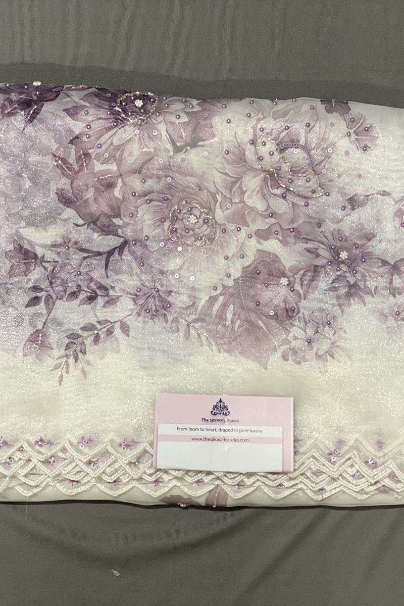 Soft Organza Floral Print Saree with Sequins and Pearl Border