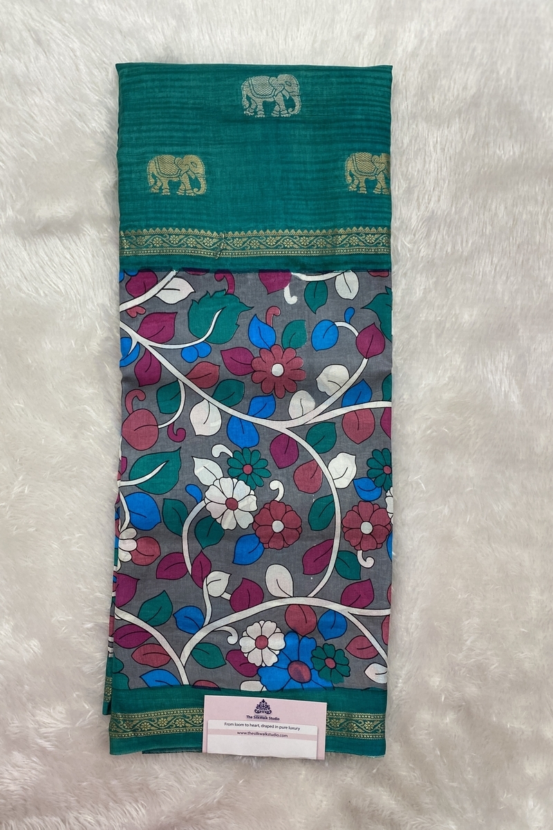 Dola Silk Saree with Traditional Kalamkari Design & Zari Border