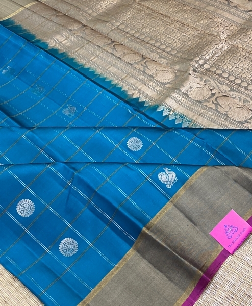 Buy Anandha Blue Pure Silk Saree with Checks & Buttas, Golden Zari ...