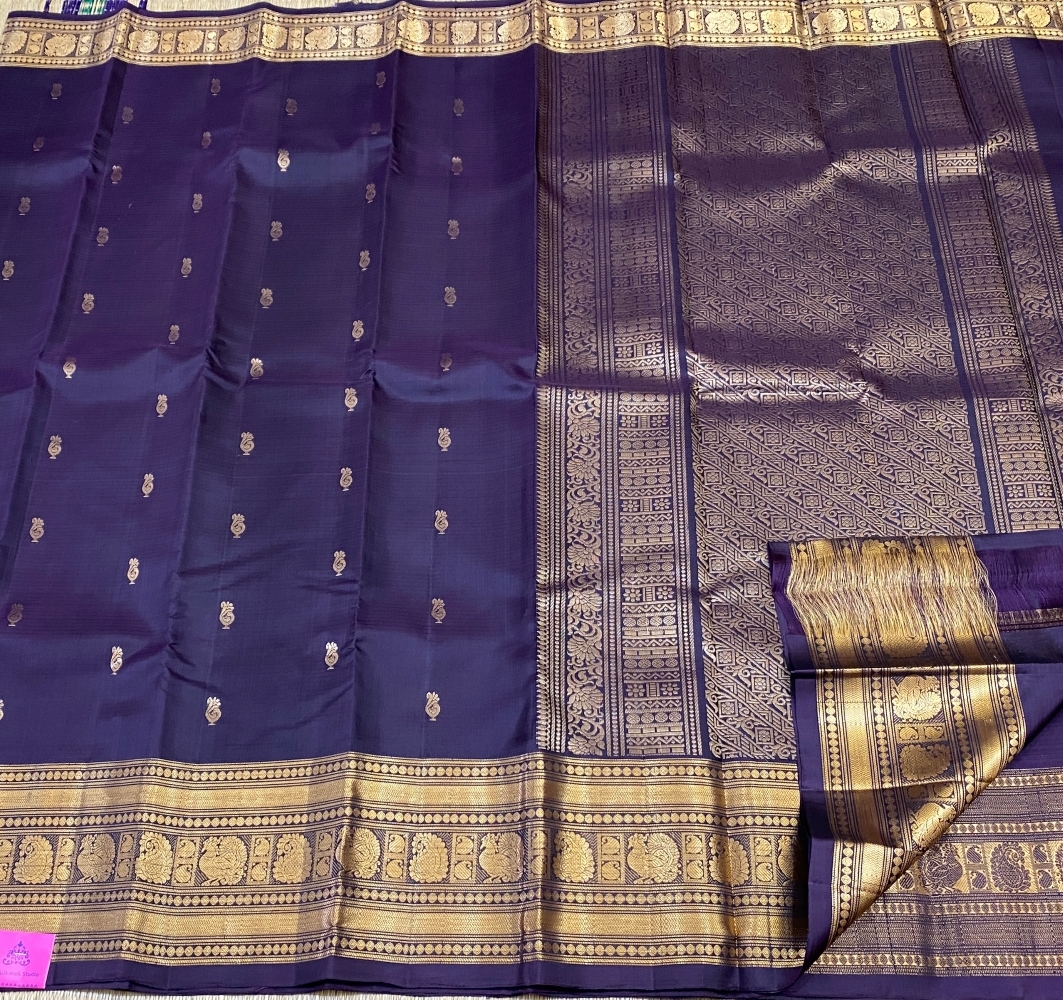Buy Dark Purple Pure Silk Saree with Peacock Buttas– The Silk Walk Studio
