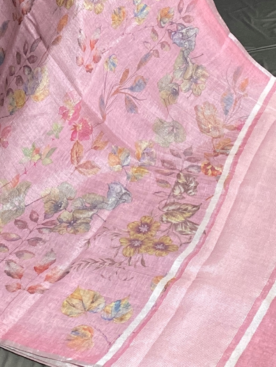 Buy Linen Tissue Saree with Floral Print Design – The Silk Walk Studio