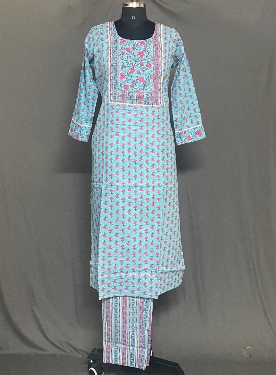 Buy Light Blue Floral Print Kurti Set – 2 Piece Cambric Cotton – The ...